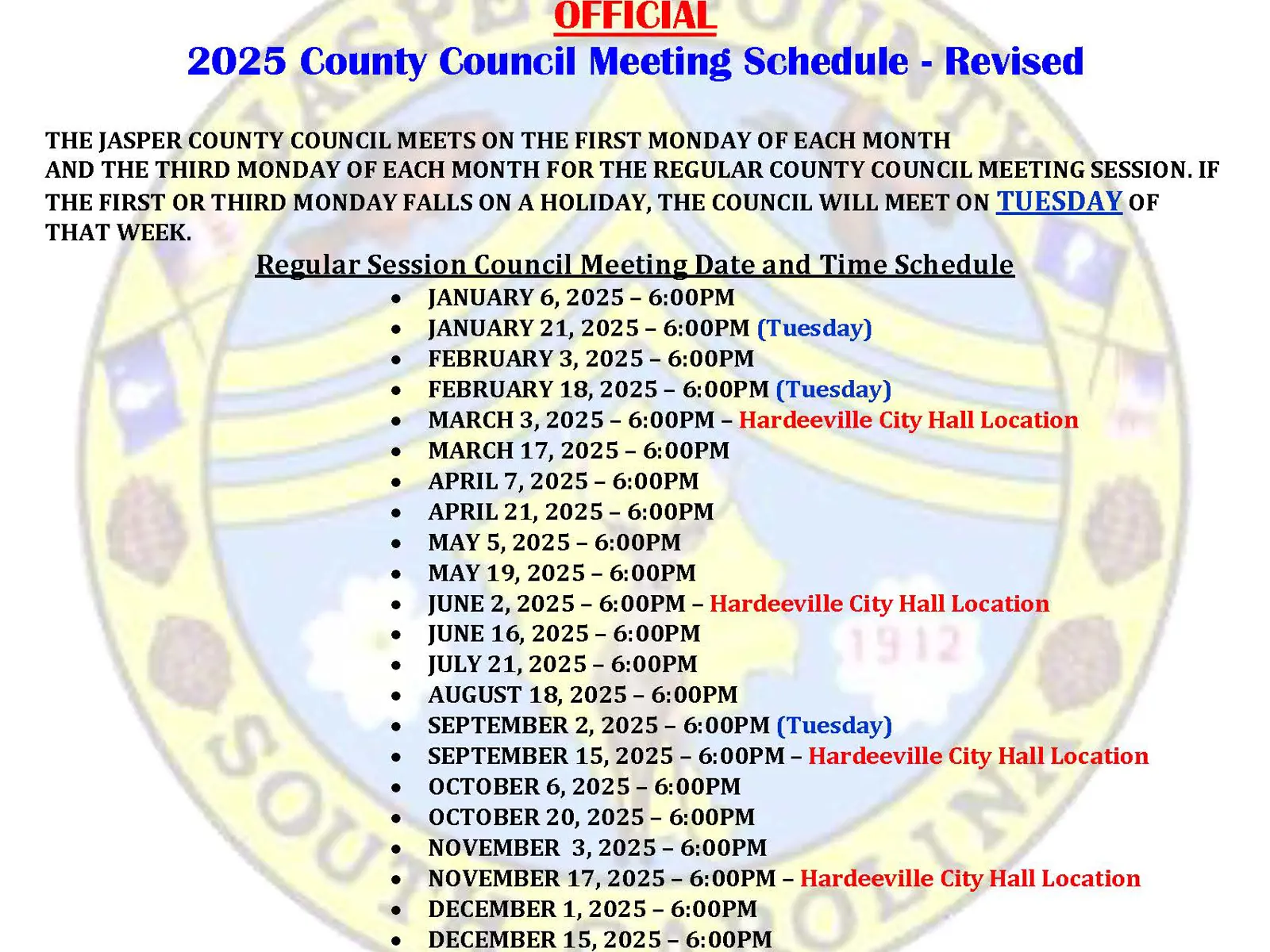 Council Calendar | Jasper County